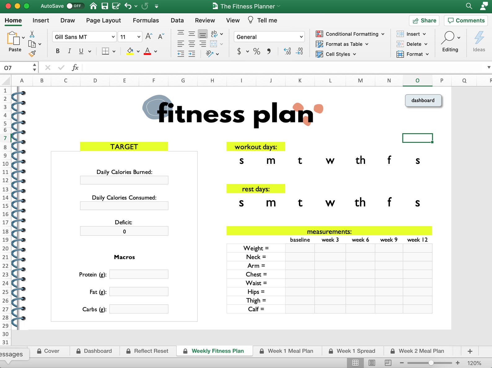 The Fitness Planner for Excel - UNDATED Digital Planner - 12 Week ...