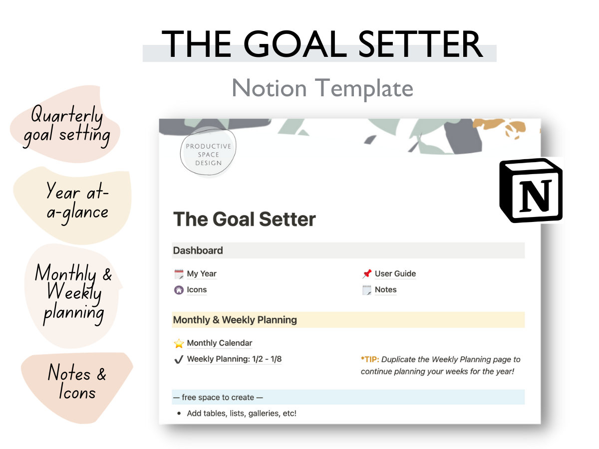 Notion Template: the Goal Setter Digital Planner Set - Simple Monthly ...