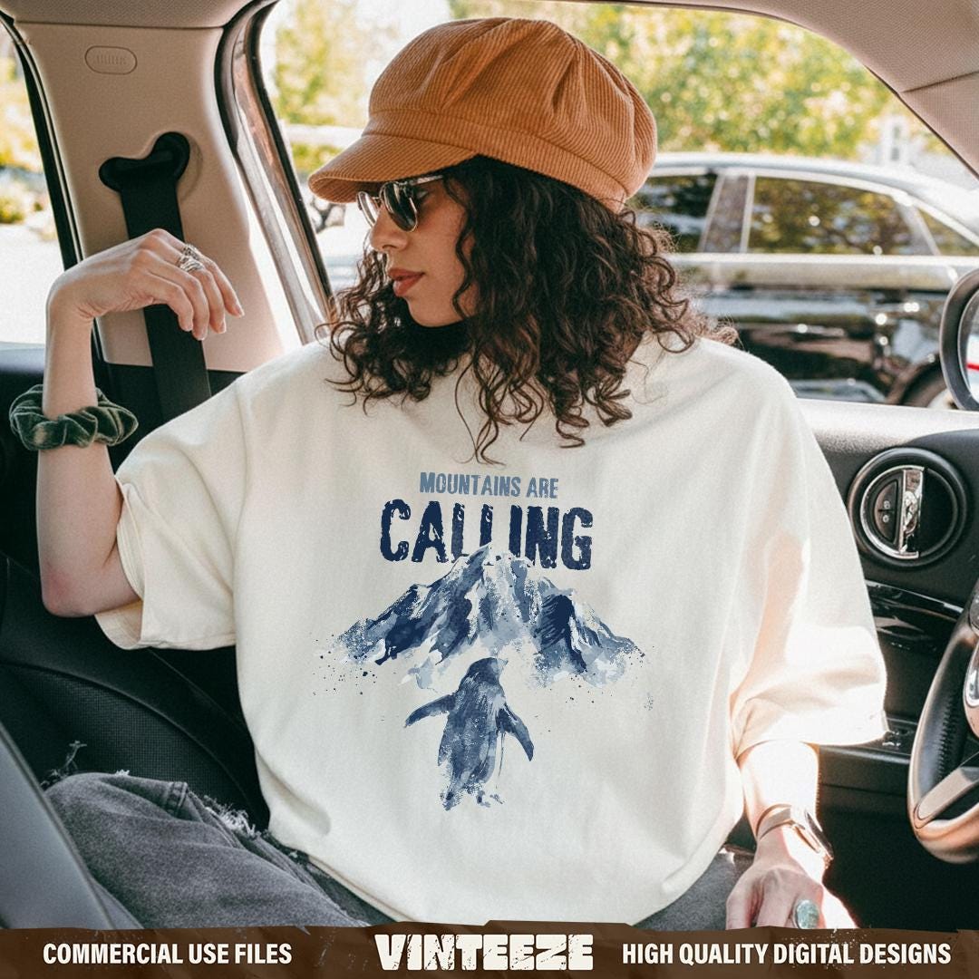 Vintage Distressed Penguin PNG: Mountains Are Calling Hiking Design ...