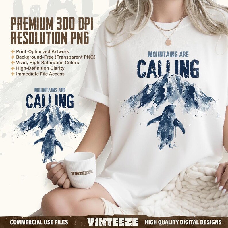 Vintage Distressed Penguin PNG: Mountains Are Calling Hiking Design ...