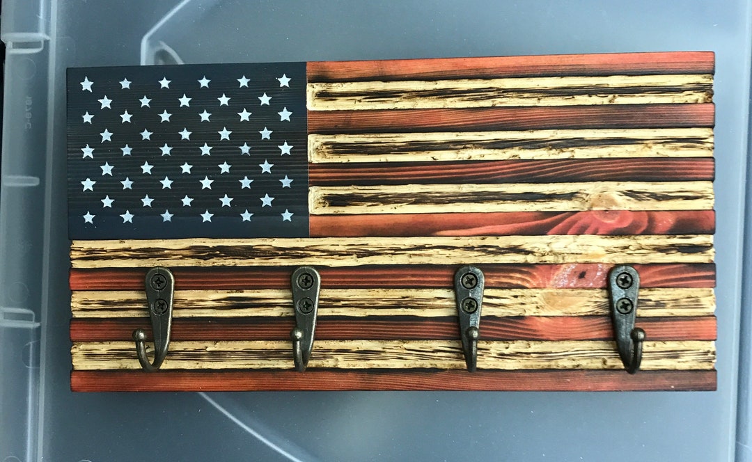 American Flag Key Holder for Wall, Handmade Rustic Flag, 4 Hooks ...