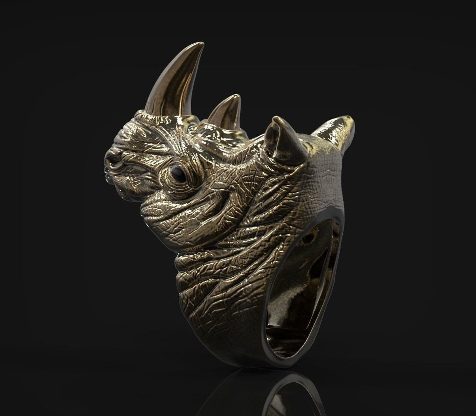 14k Yellow Gold Over Rhinoceros Ring, Wildlife Animal Ring, Detailed ...