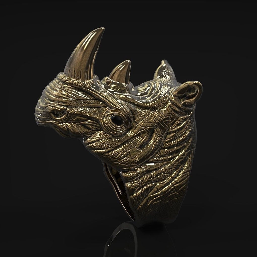 14k Yellow Gold Over Rhinoceros Ring, Wildlife Animal Ring, Detailed ...