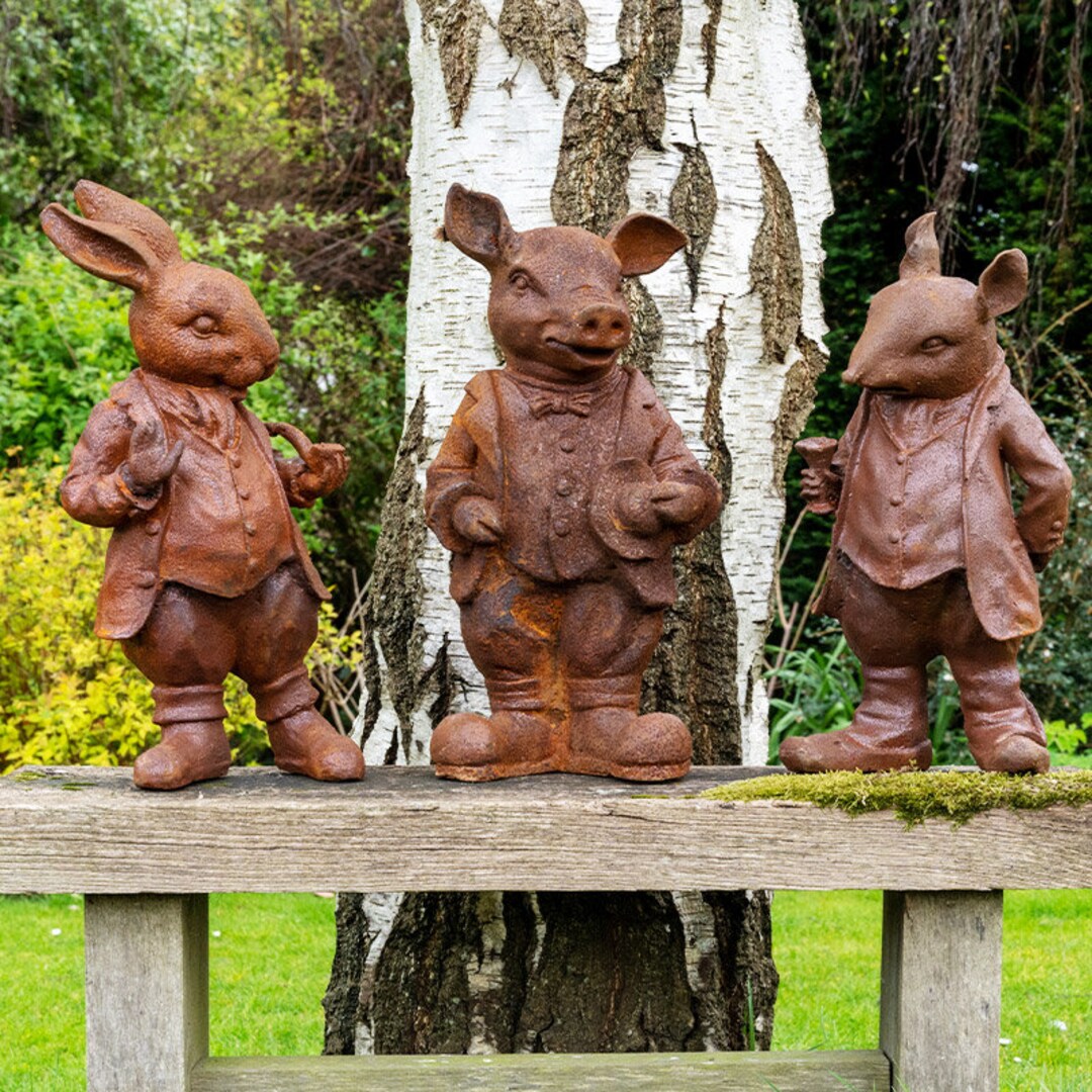 Statues de jardin en fonte Mr Rabbit, Mr Ratty et Mr Pig - Etsy France