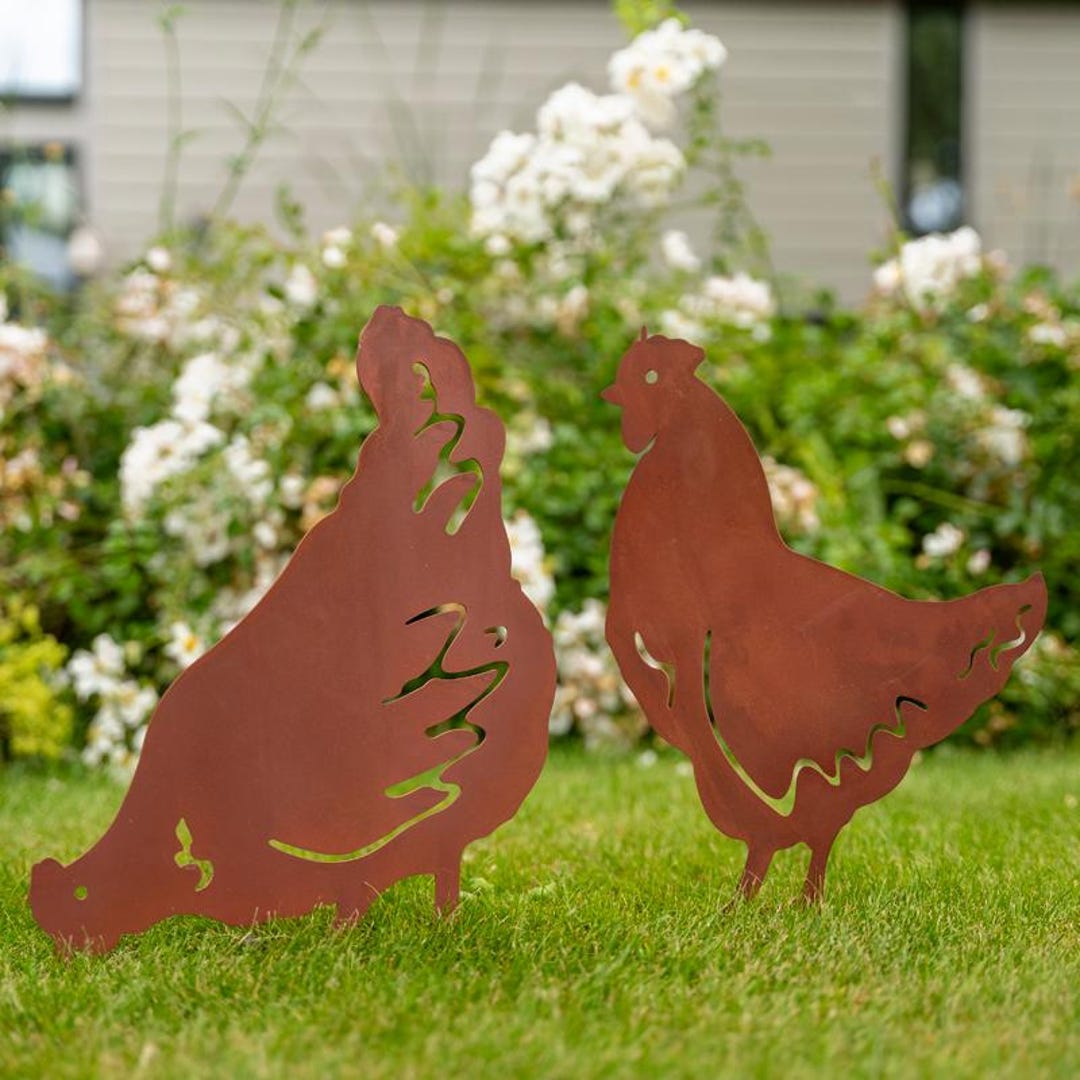 Rustic Metal Chicken Garden Ornament Pair - Etsy
