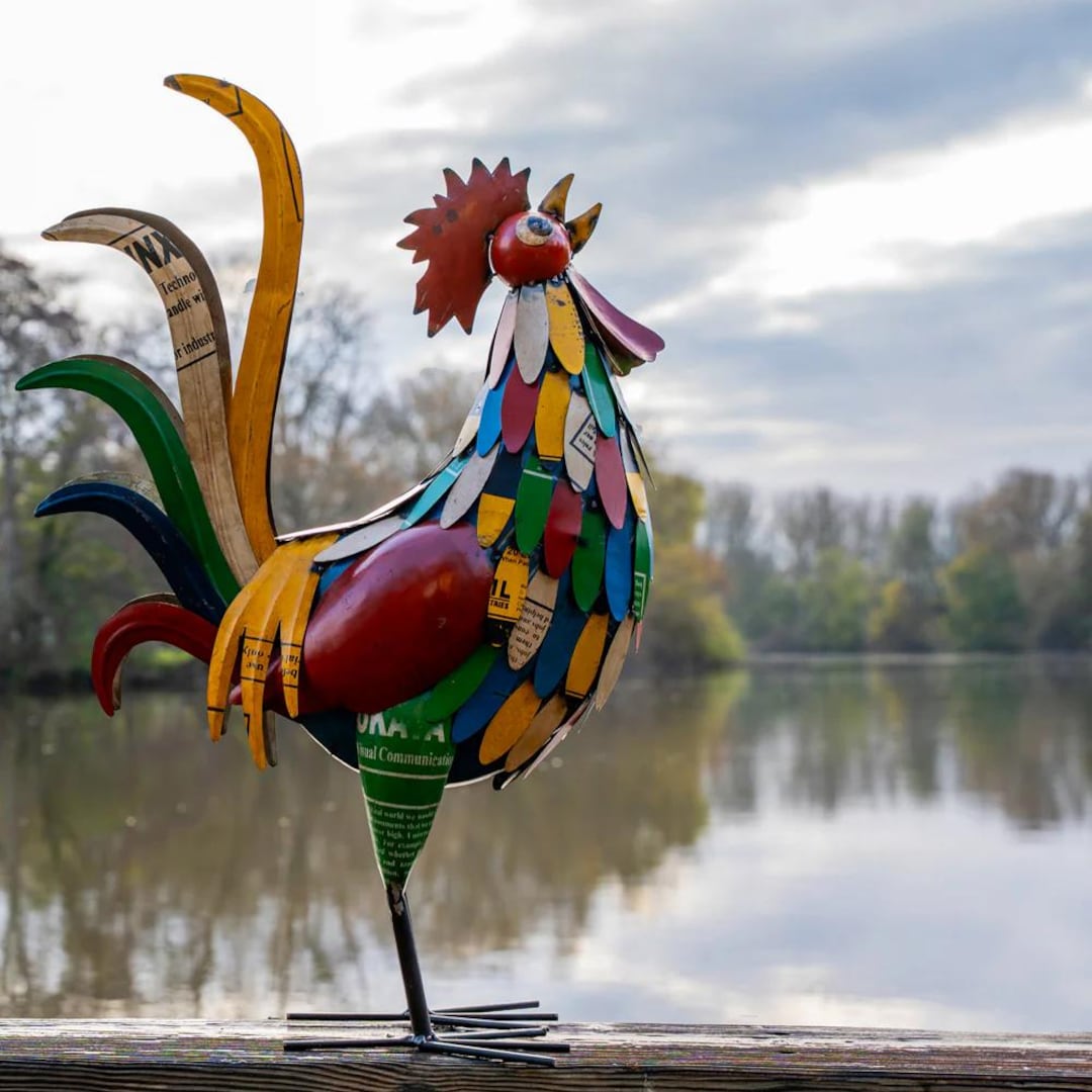 Large Upcycled Tin Clucking Cockerel Sculpture - Colourful Metal Garden ...