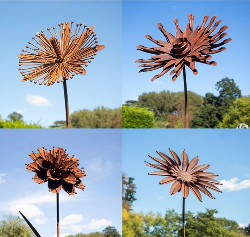 Rusted Metal Flower Garden Stakes - Etsy
