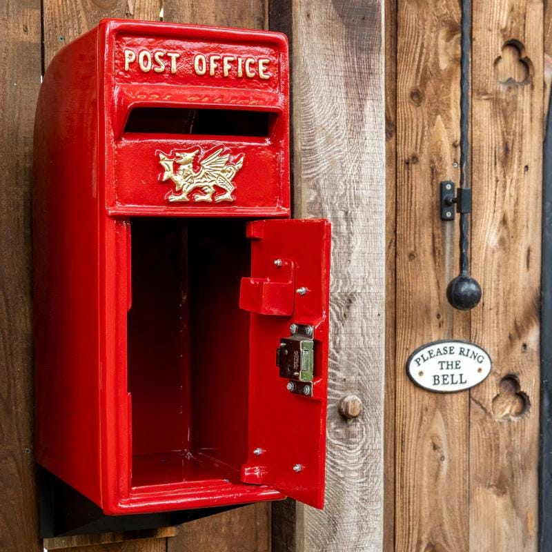 Welsh Cast Iron Red Post Box Letterbox Option on Stand and Wall Mount ...