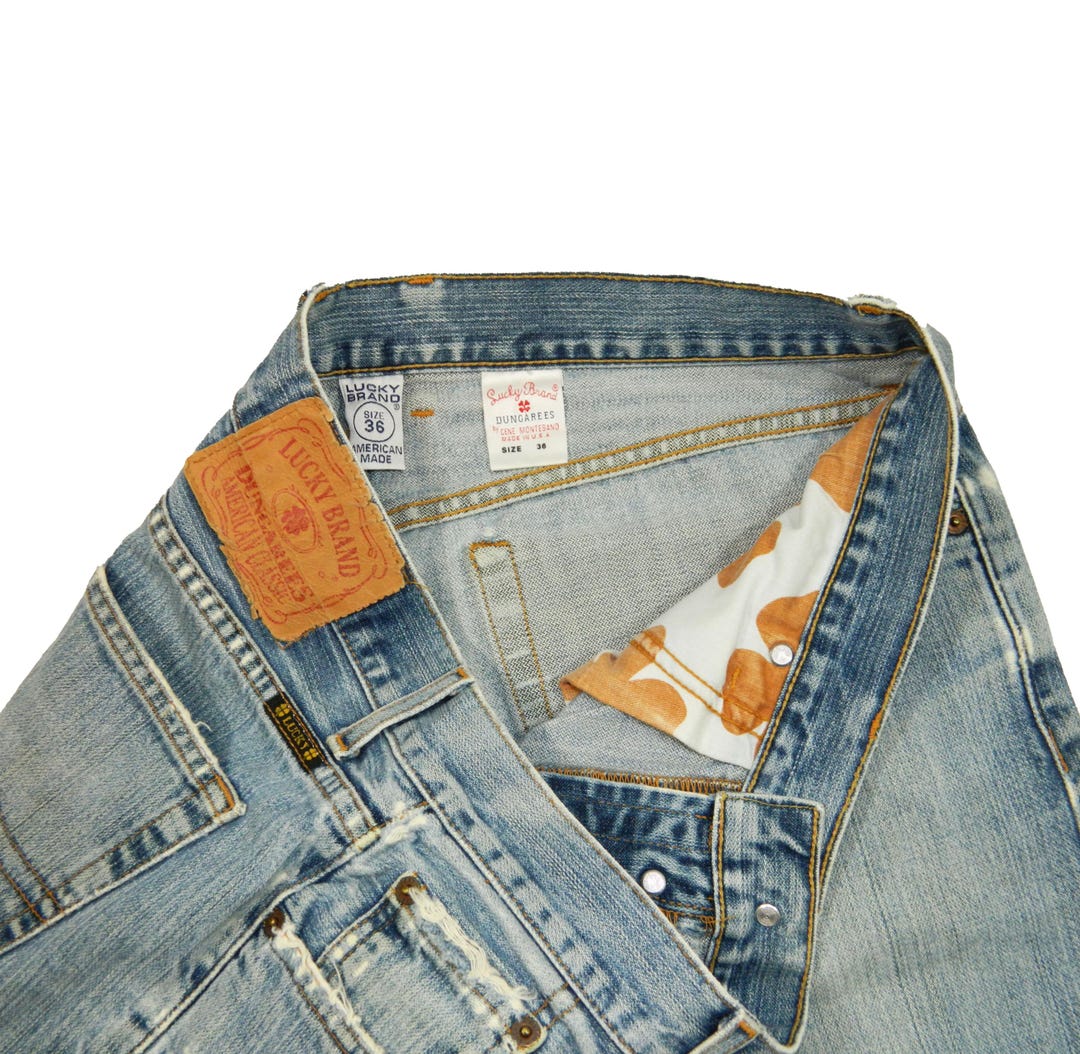 Men's Lucky Brand Relaxed Straight Destroyed Denim Blue Jeans Tag 36 ...