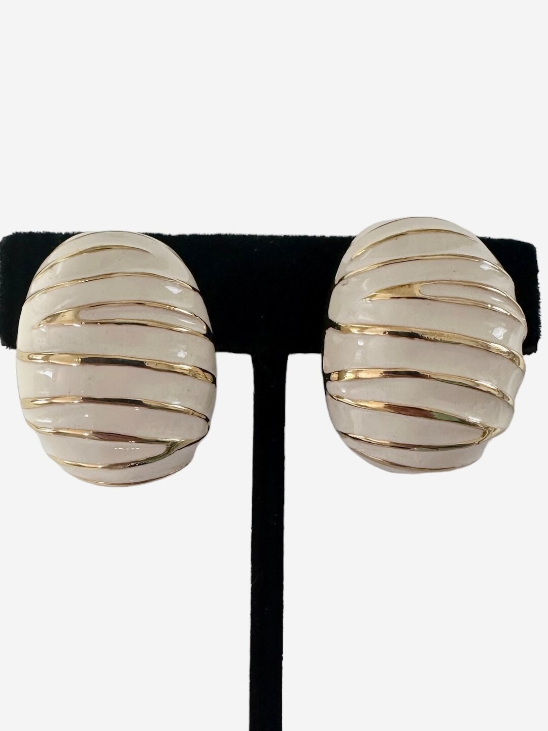 Vintage Large Button off White Enamel Stripes Gold Button Clip Earring ...