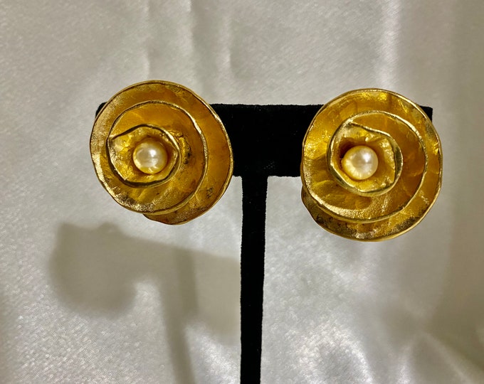 Norma Jean Designs Vintage Clip Matte Gold Rose With Pearls Earrings ...