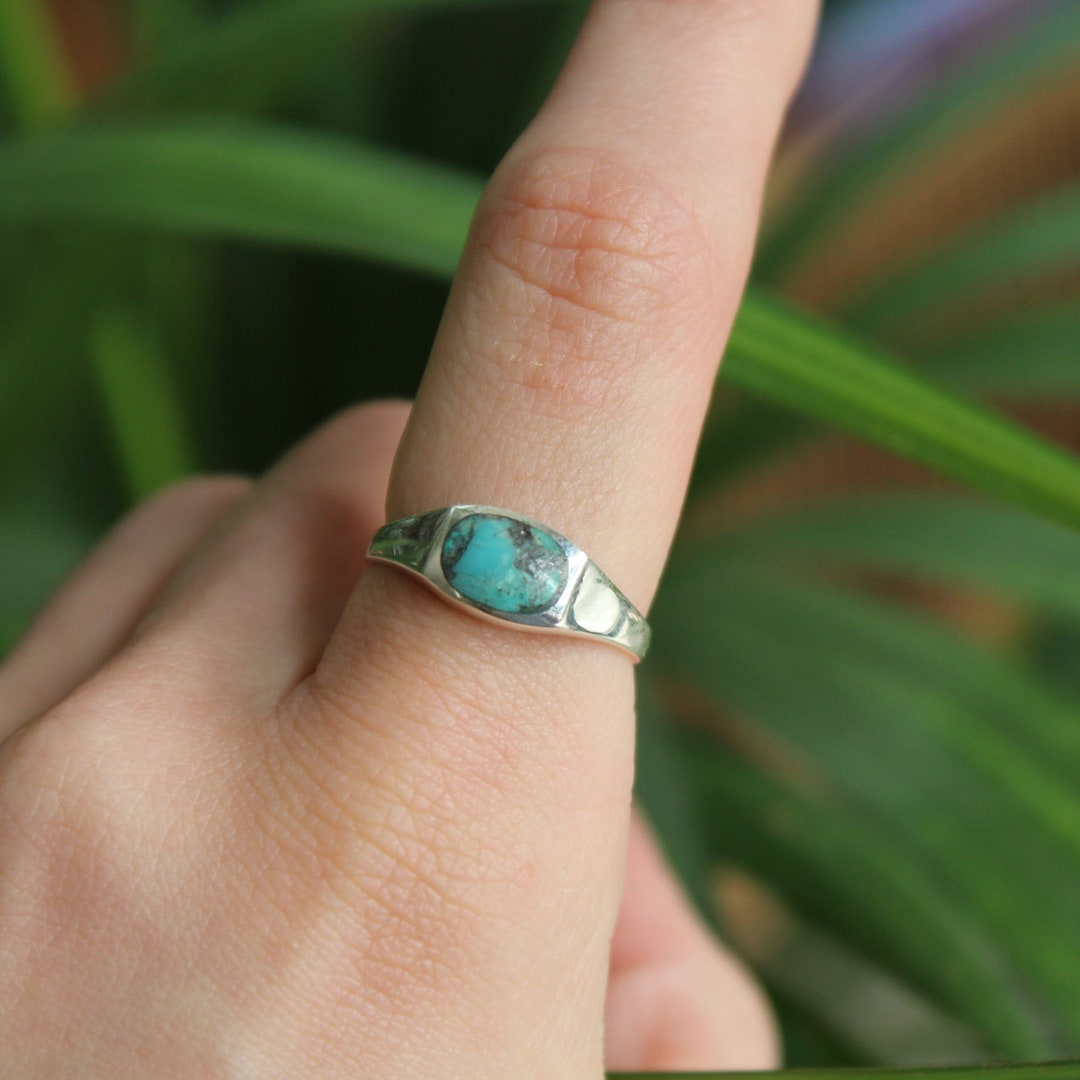 Sterling Silver Turquoise Thin Signet Ring - Blue Gemstone December ...
