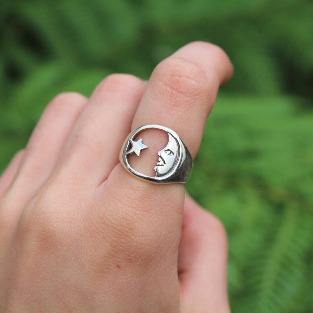 Sterling Silver Moon Signet Ring Star 925 Signet Ring for - Etsy