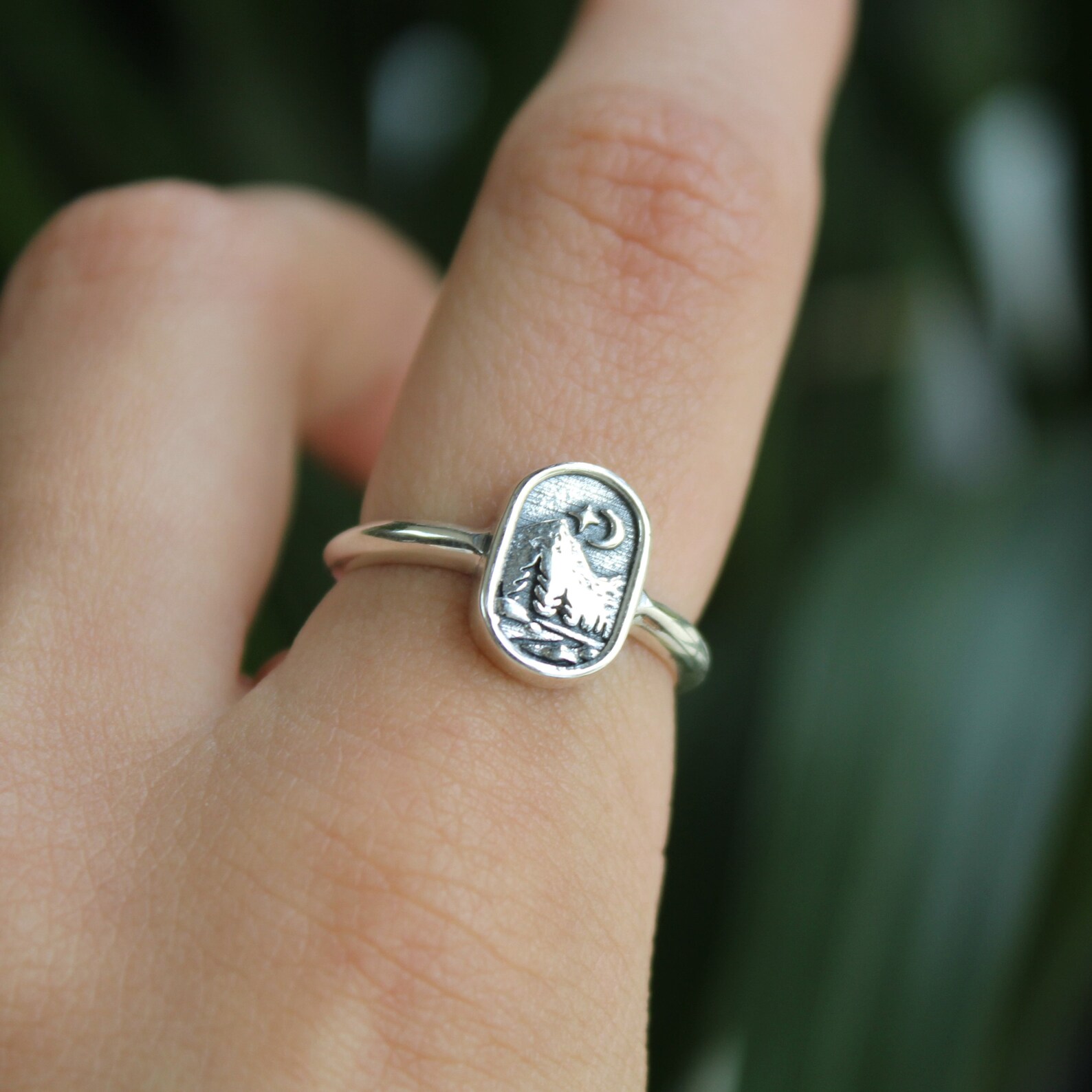 Sterling Silver Nature Scene Ring - Mountains Trees Sunset 925 Silver ...