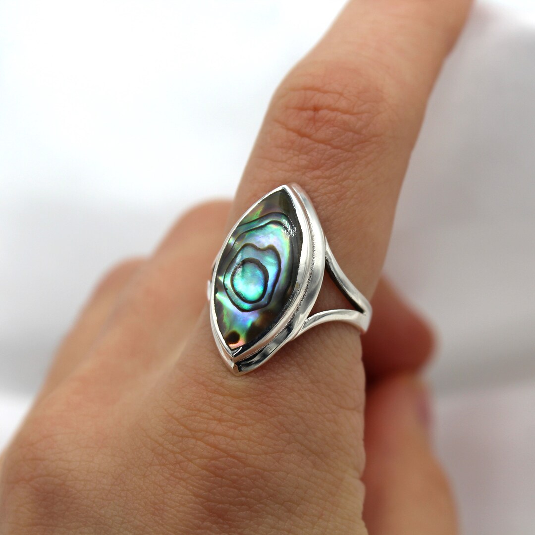 Sterling Silver Abalone Diamond Shape Ring Abalone Shell 925 Rings for Women Tribal Pattern ...