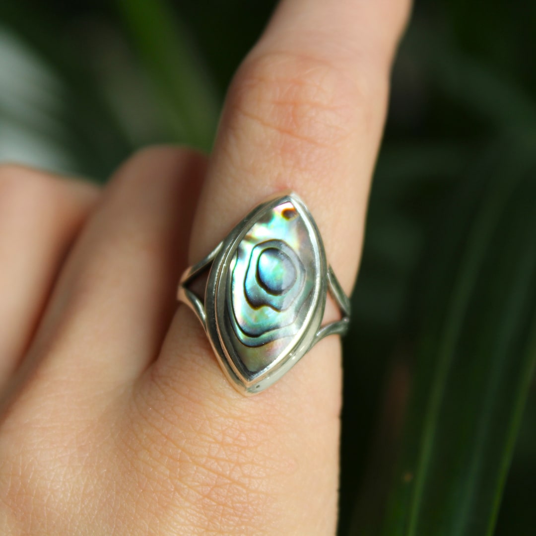 Sterling Silver Abalone Diamond Shape Ring Abalone Shell 925 Rings for Women Tribal Pattern ...