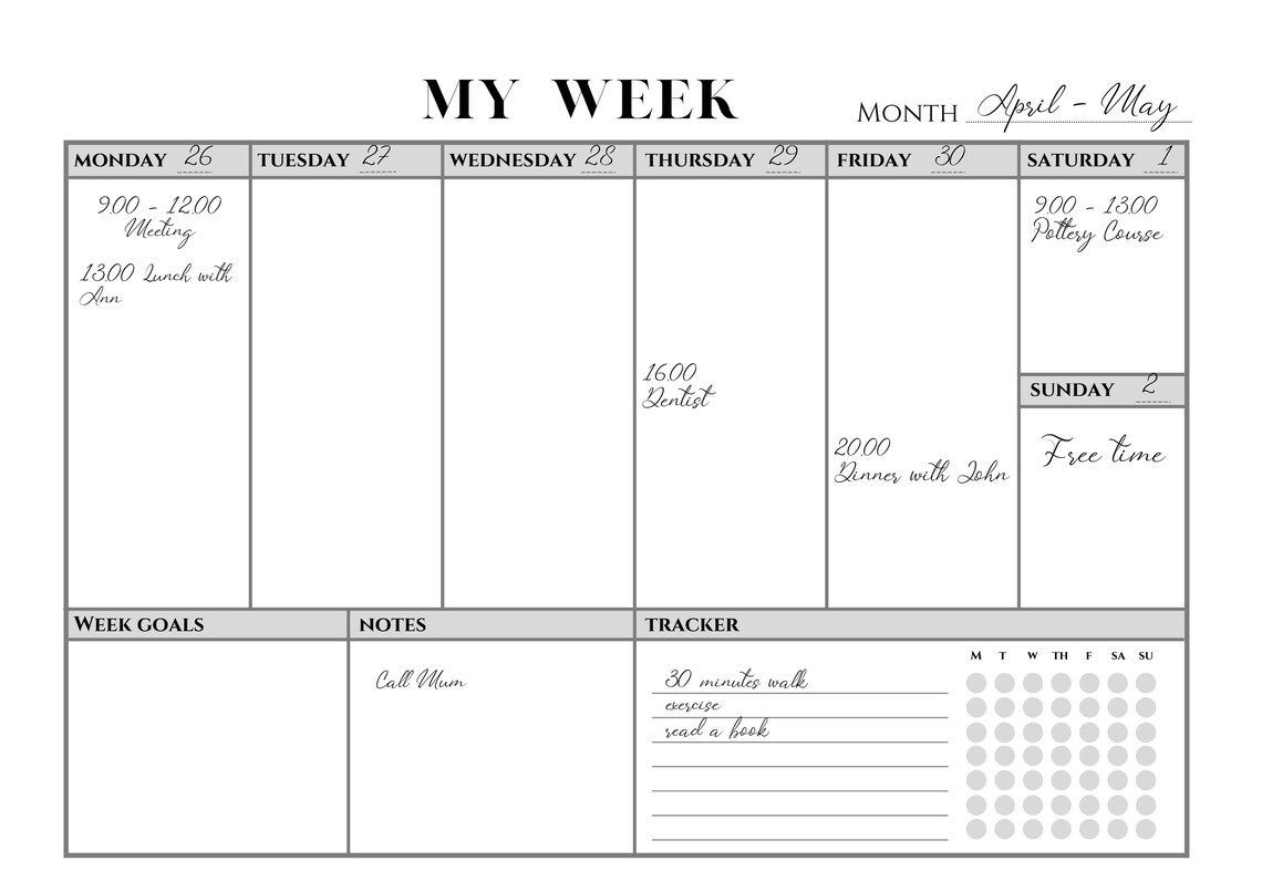 Landscape Weekly Planner A4 and Letter Format, Printable Weekly Undated ...