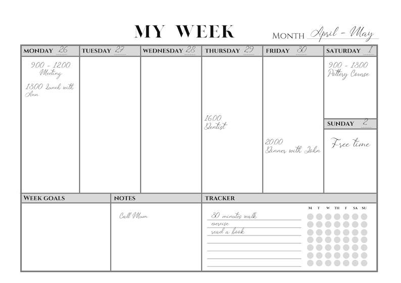 Landscape Weekly Planner A4 and Letter Format, Printable Weekly Undated ...