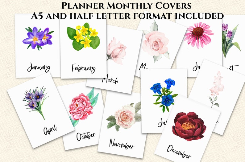 Flower Printable Monthly Planner Covers A5 and Half Letter Format ...