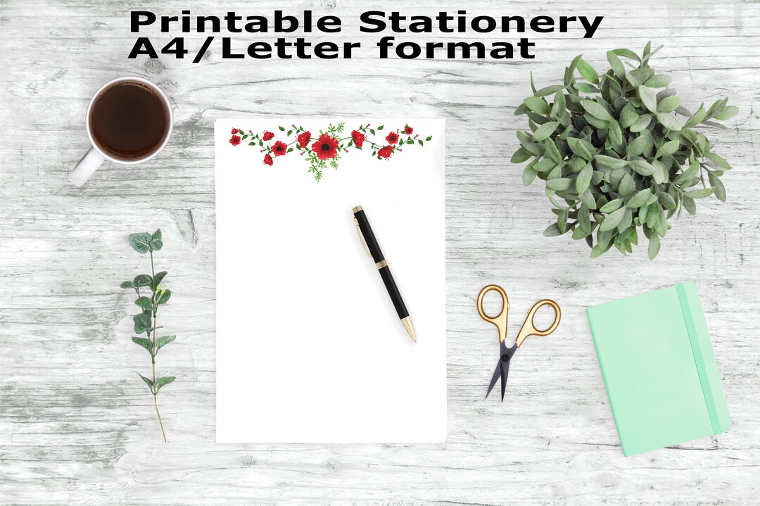 Red Flower Printable Stationary, A4 and Letter Writing Paper ...