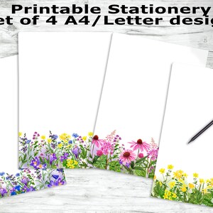 Set of 4 Watercolor Flower Printable Stationary, A4 and Letter Paper ...