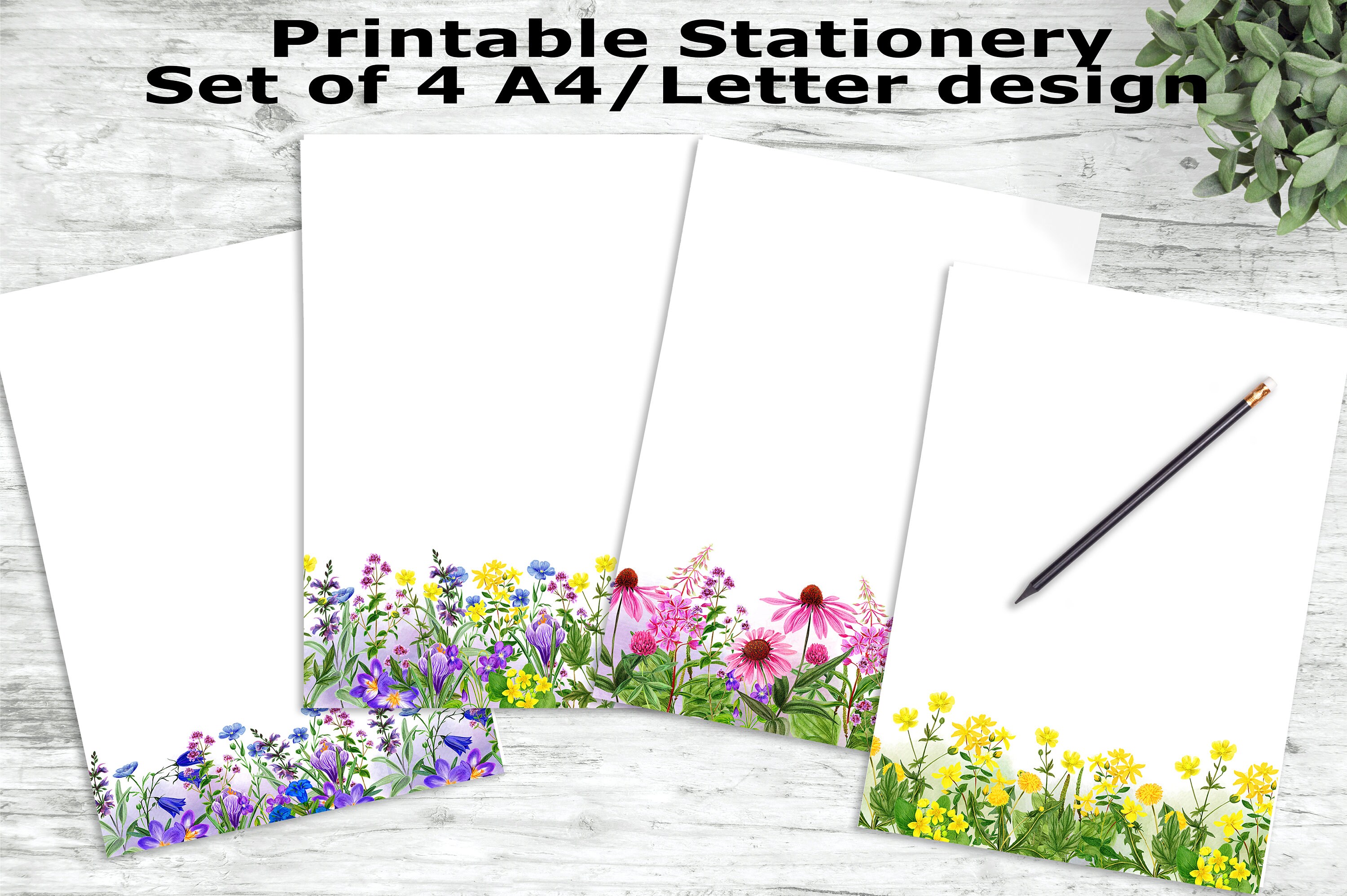 Set of 4 Watercolor Flower Printable Stationary, A4 and Letter Paper ...