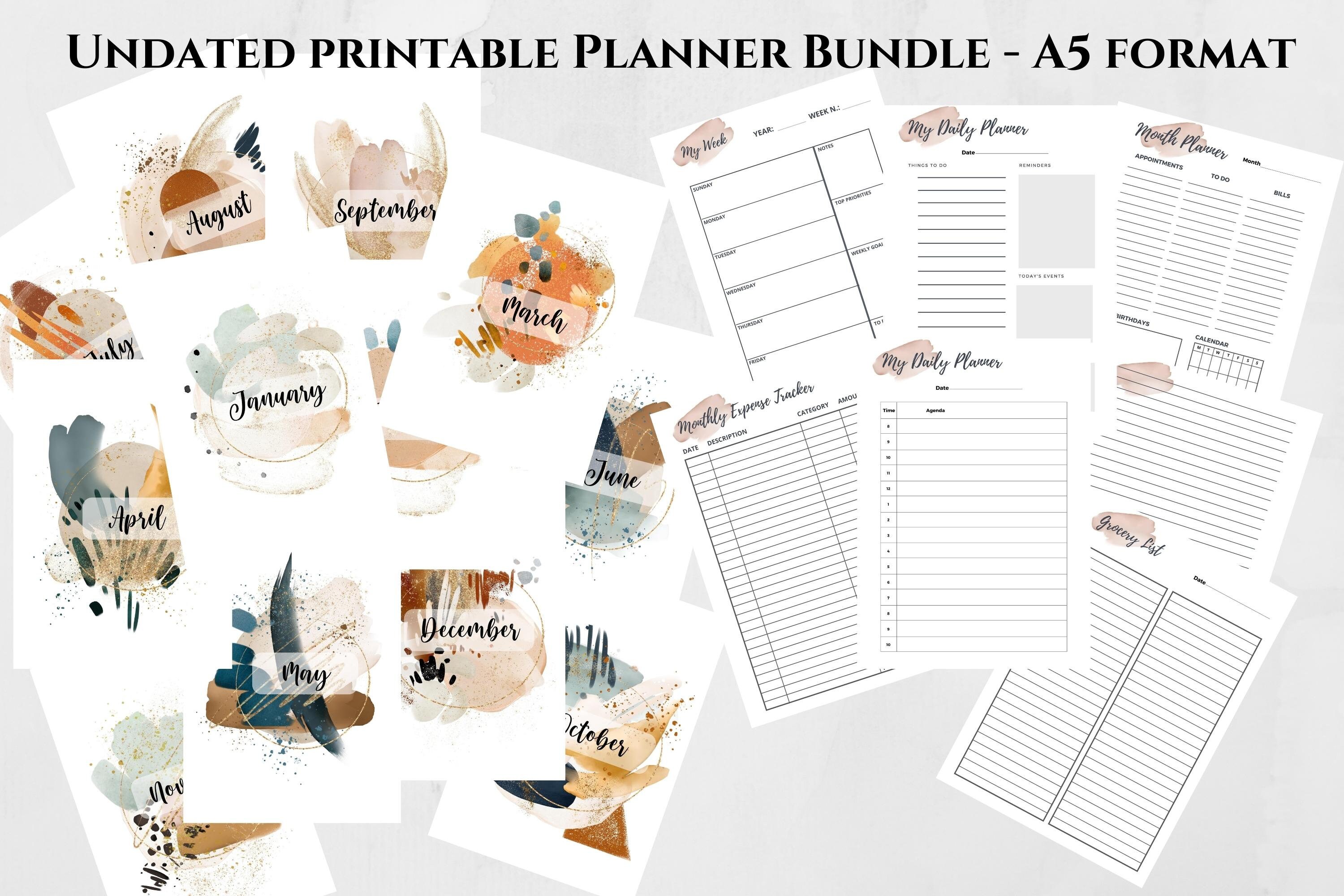 A5 Abstract Printable Undated Planner Bundle, Printable A5 Year Planner ...