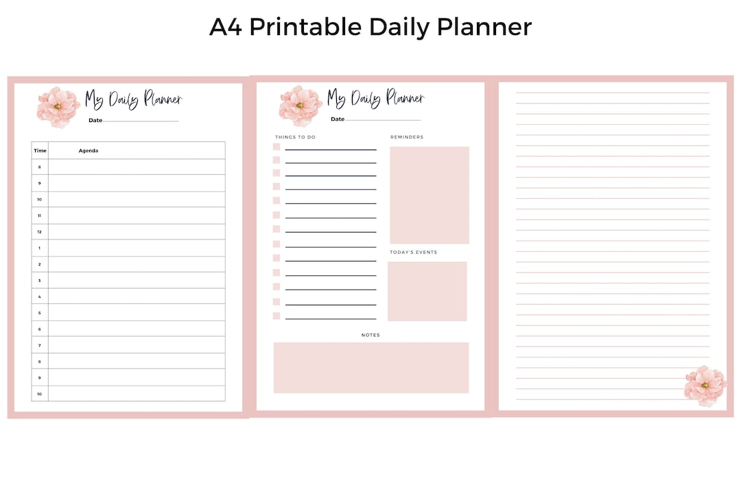 Pink Rose Daily Planner Printable, Printable A4 Daily Planner, Agenda ...