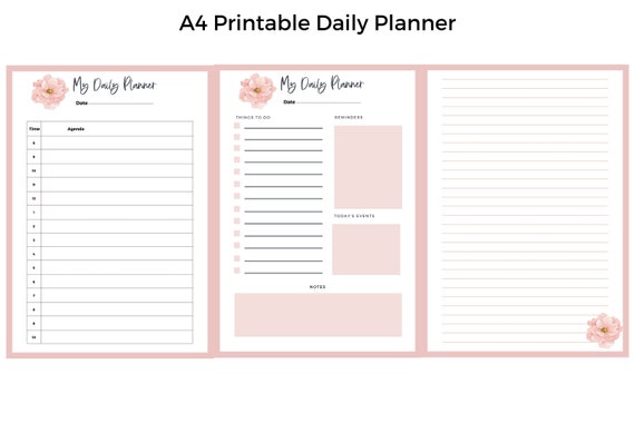 Pink Rose Daily Planner Printable Printable A4 Daily Planner | Etsy