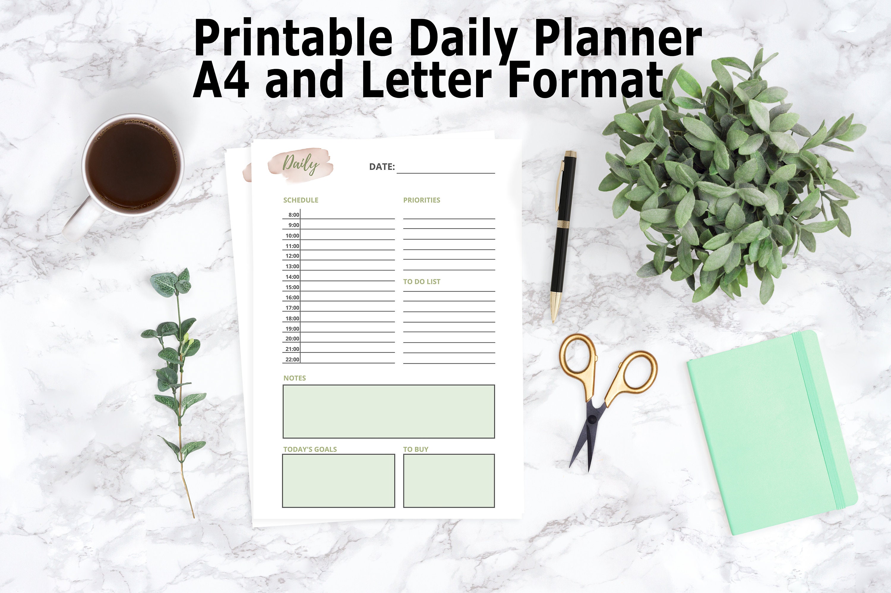 Green Daily Planner Printable, Printable A4 and Letter Daily Planner ...