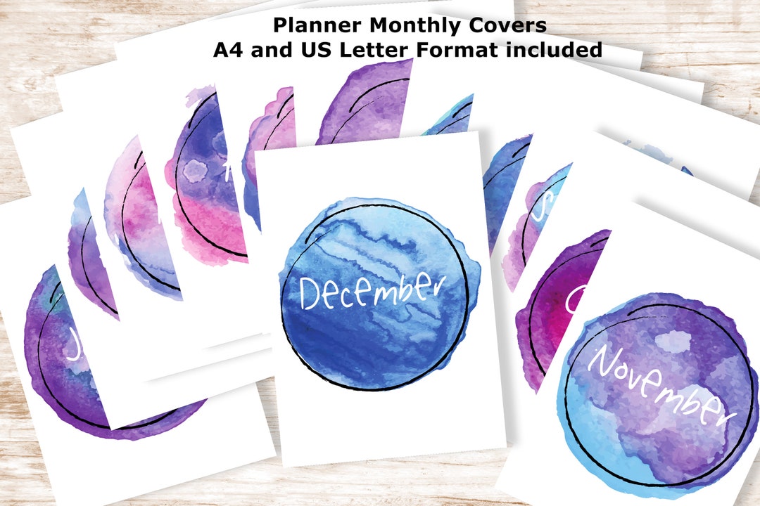 Blue and Purple Watercolor Agenda Monthly Cover Pages. Printable 12 ...