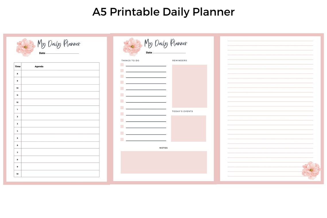 Pink Rose Daily Planner Printable, Printable A5 Daily Planner, Agenda ...