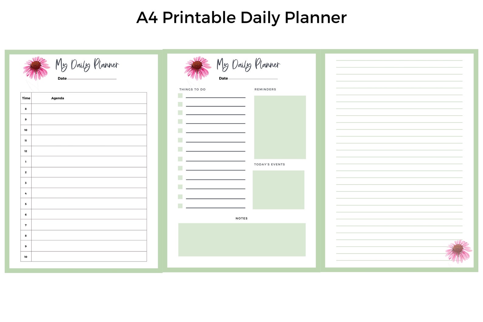 Green Daily Planner Printable, Printable A4 Daily Planner, Agenda Daily ...