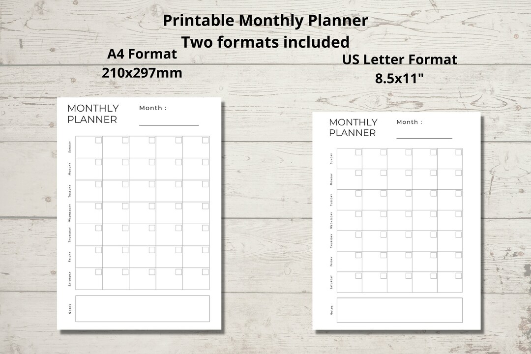Printable A4 and US Letter Monthly Planner, Minimal Undated Monthly ...