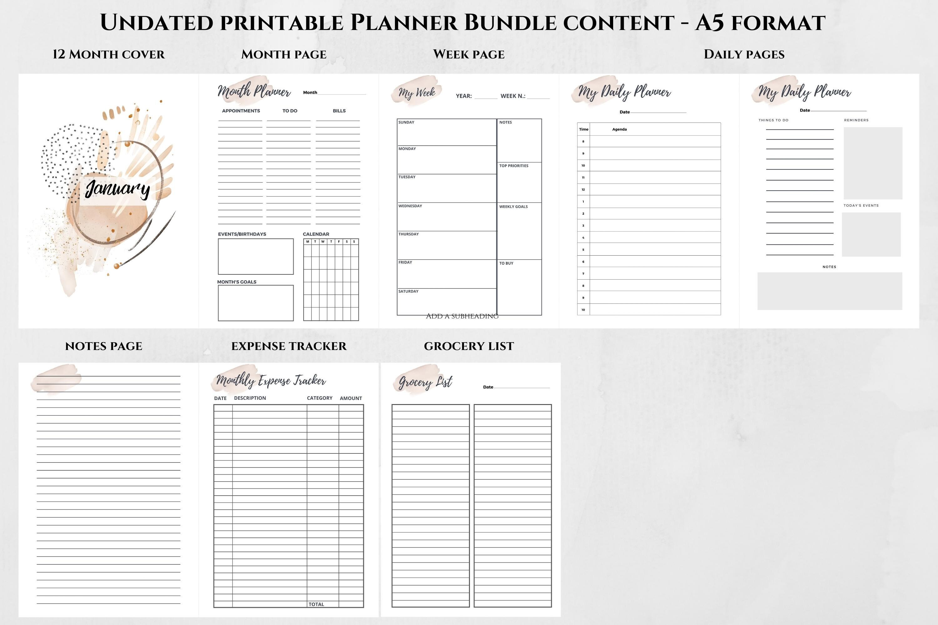 Printable A5 Year Planner, A5 Abstract Printable Undated Planner Bundle ...