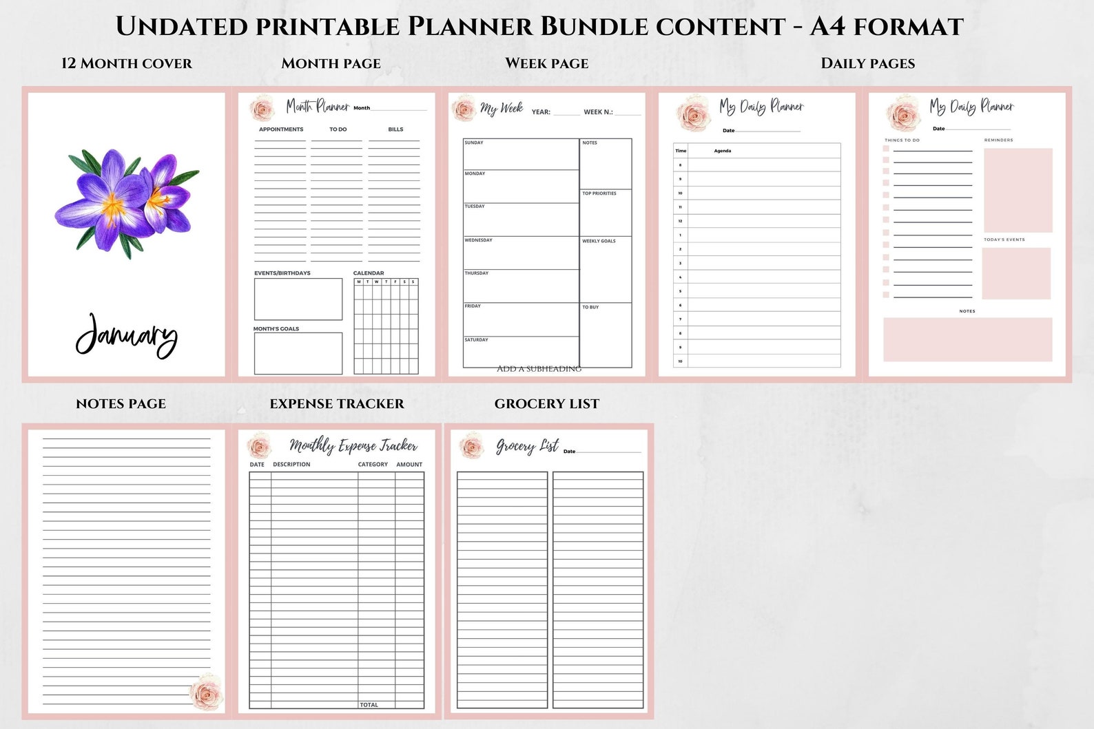 Printable Floral Undated Planner Bundle Printable A4 Year - Etsy