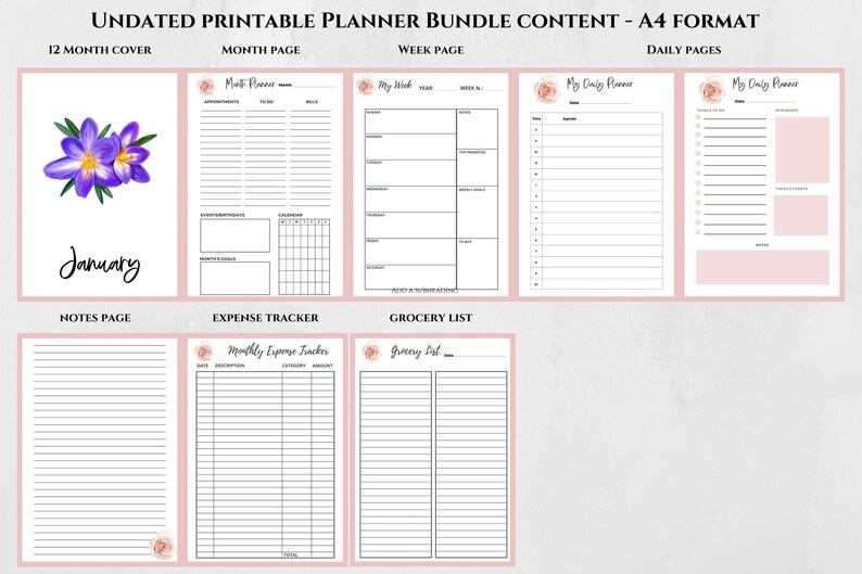 Printable Floral Undated Planner Bundle, Printable A4 Year Planner ...