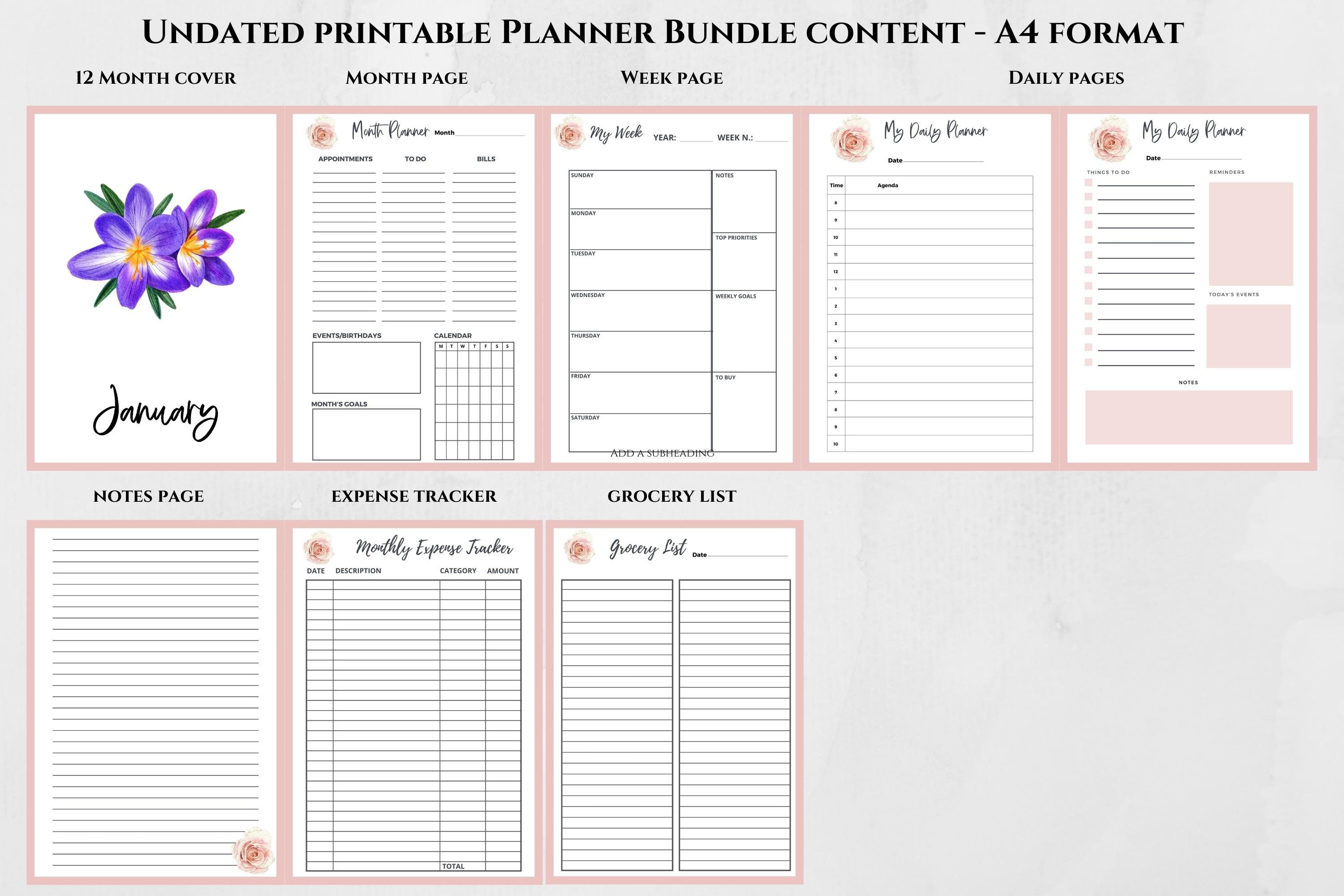 Printable Floral Undated Planner Bundle, Printable A4 Year Planner ...