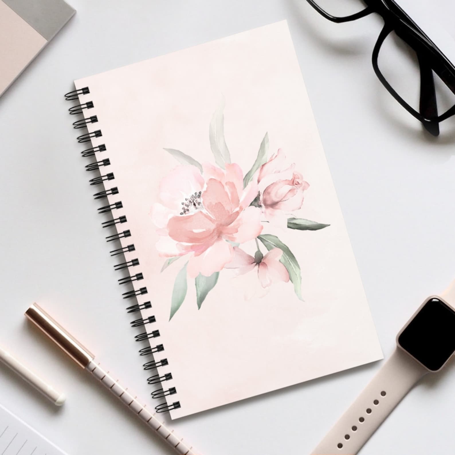 Floral Romantic Notebook. Blank, Dotted or Lined Pink Rose Spiral ...