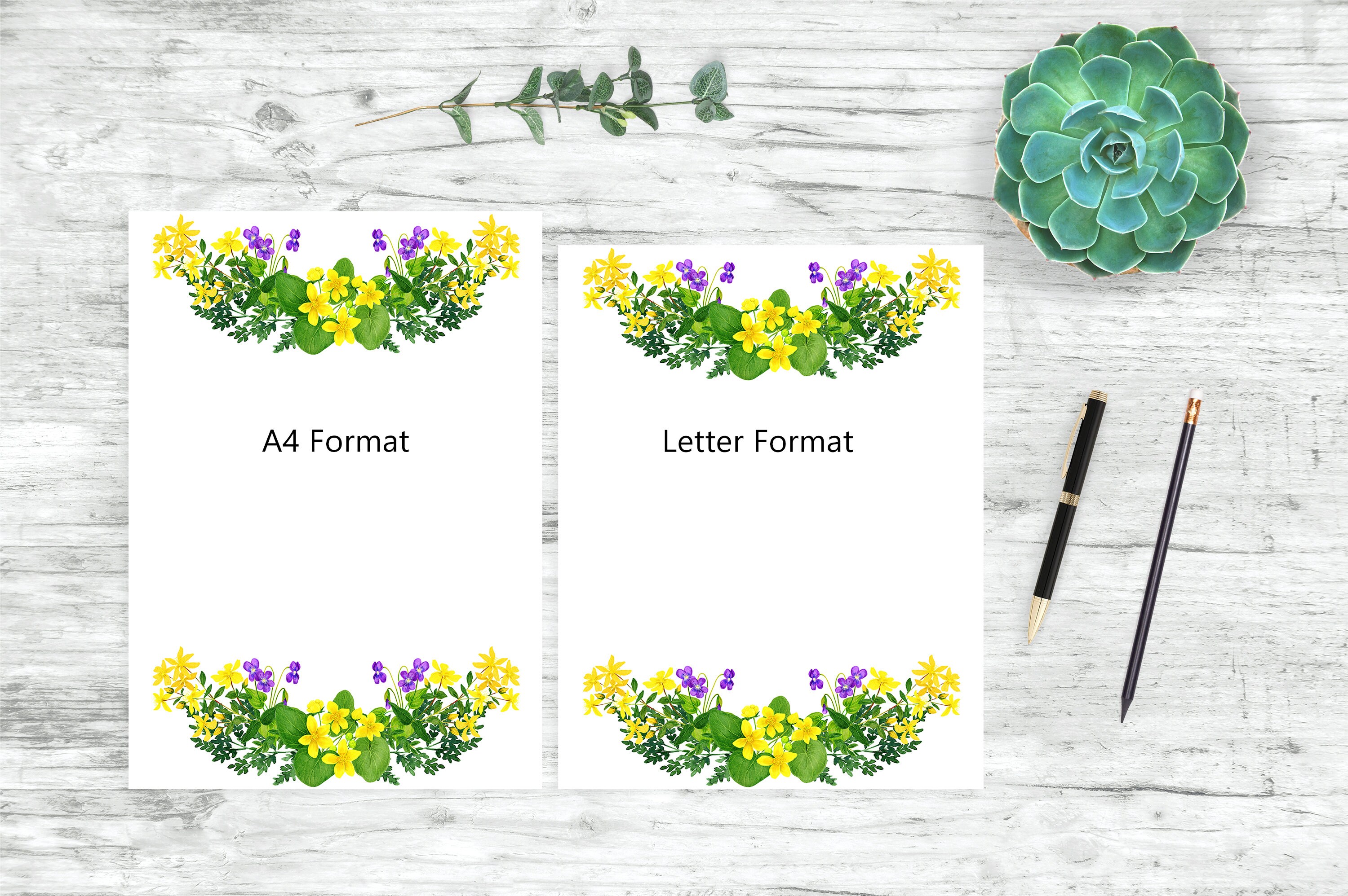 Printable Stationary, Yellow A4 and Letter Paper, Watercolor Floral ...