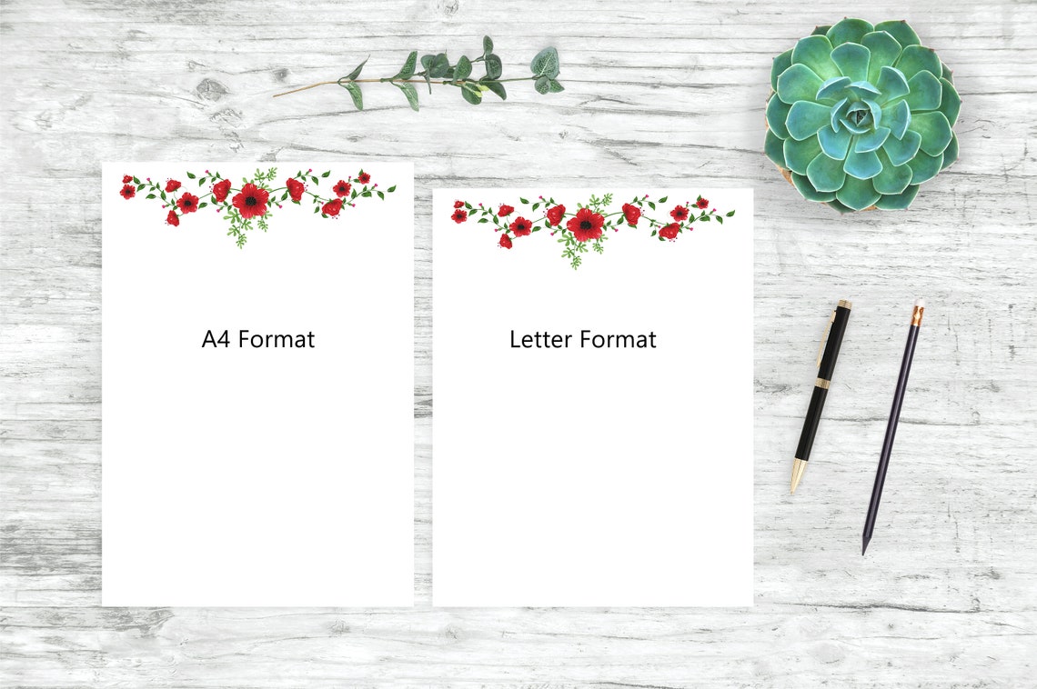 Red Flower Printable Stationary, A4 and Letter Writing Paper ...