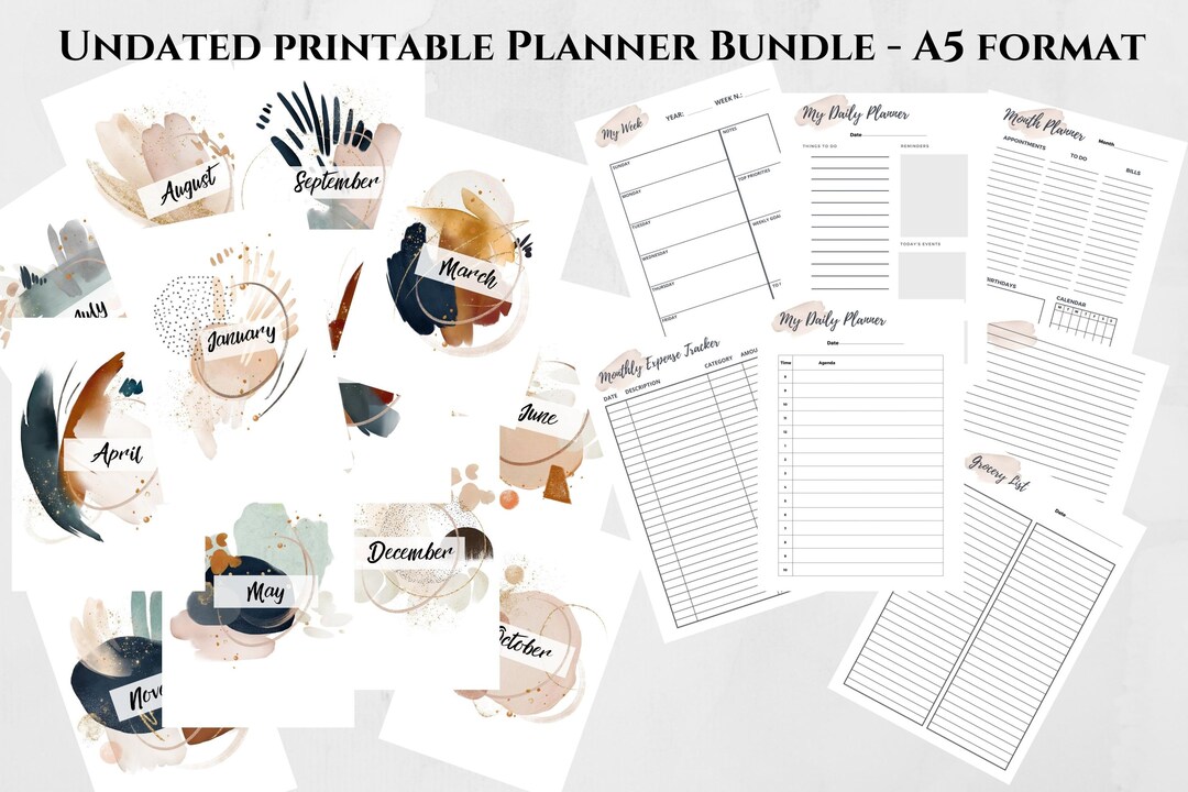 Printable A5 Year Planner, A5 Abstract Printable Undated Planner Bundle ...