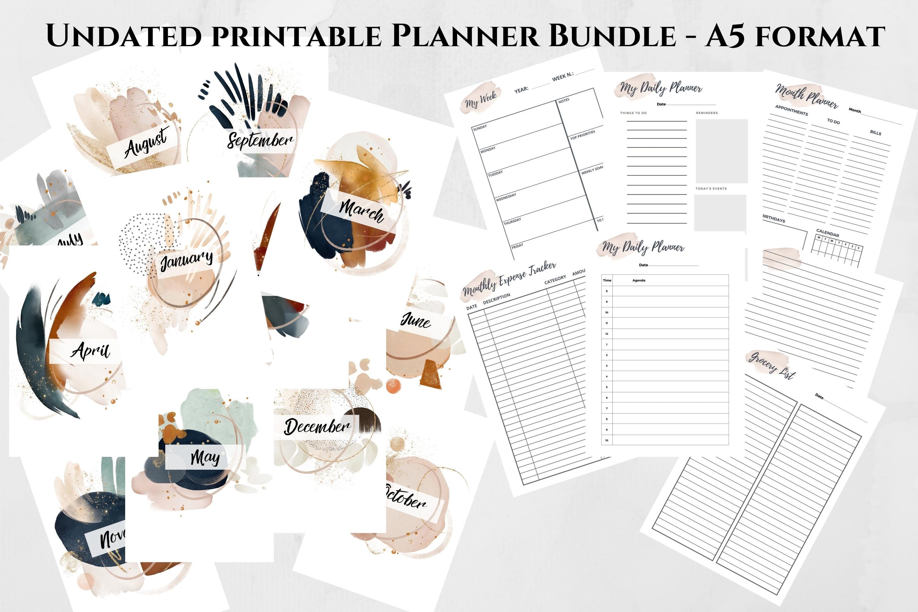 Printable A5 Year Planner, A5 Abstract Printable Undated Planner Bundle ...