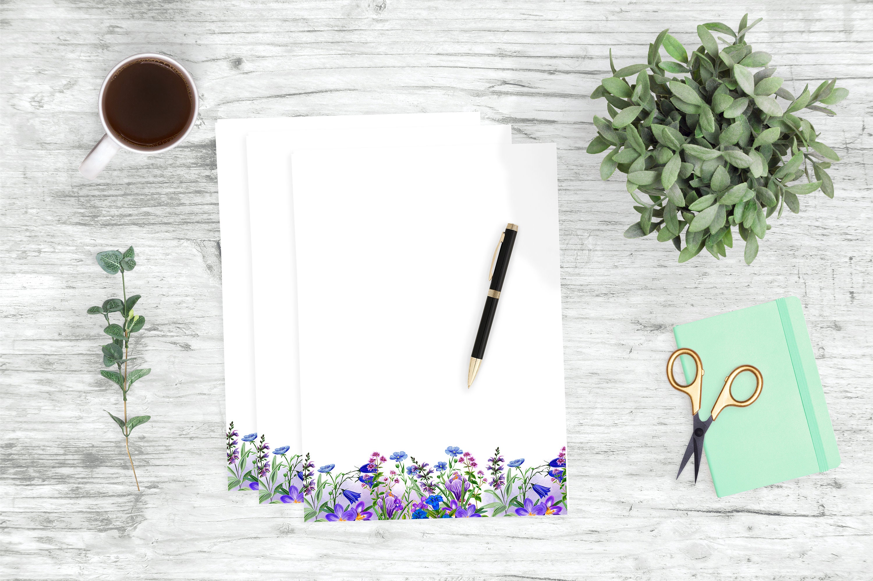 Set of 4 Watercolor Flower Printable Stationary, A4 and Letter Paper ...