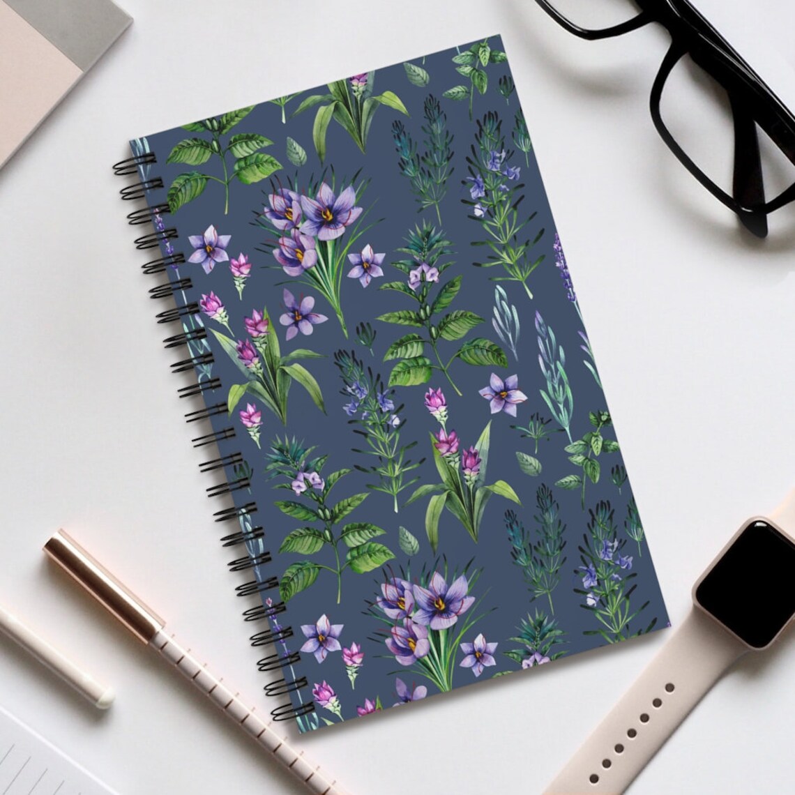 Beautiful Floral Spiral Notebook. Dusty Blue Spiral Journal. Flowers ...