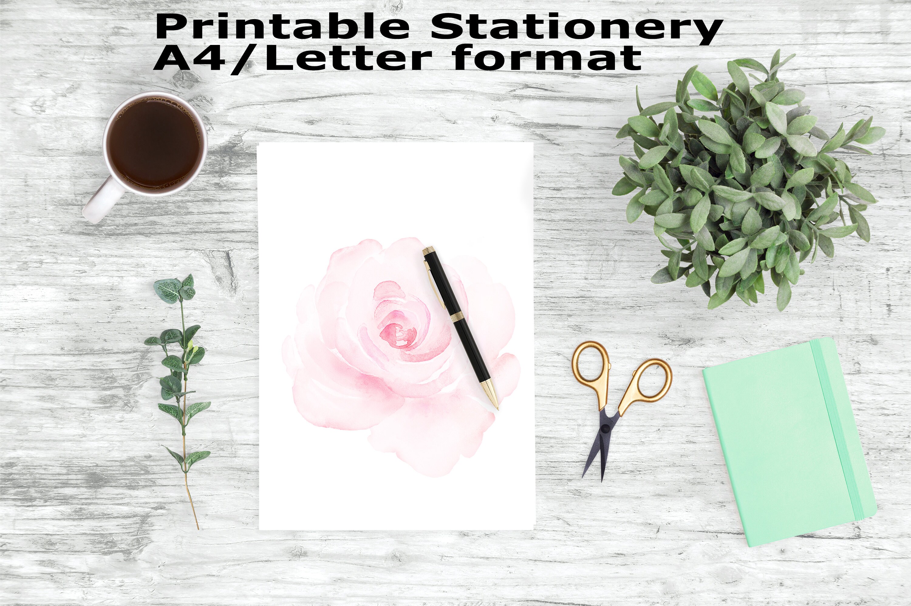 Watercolor Floral Stationery Printable, Pink Rose A4 and Letter Digital ...