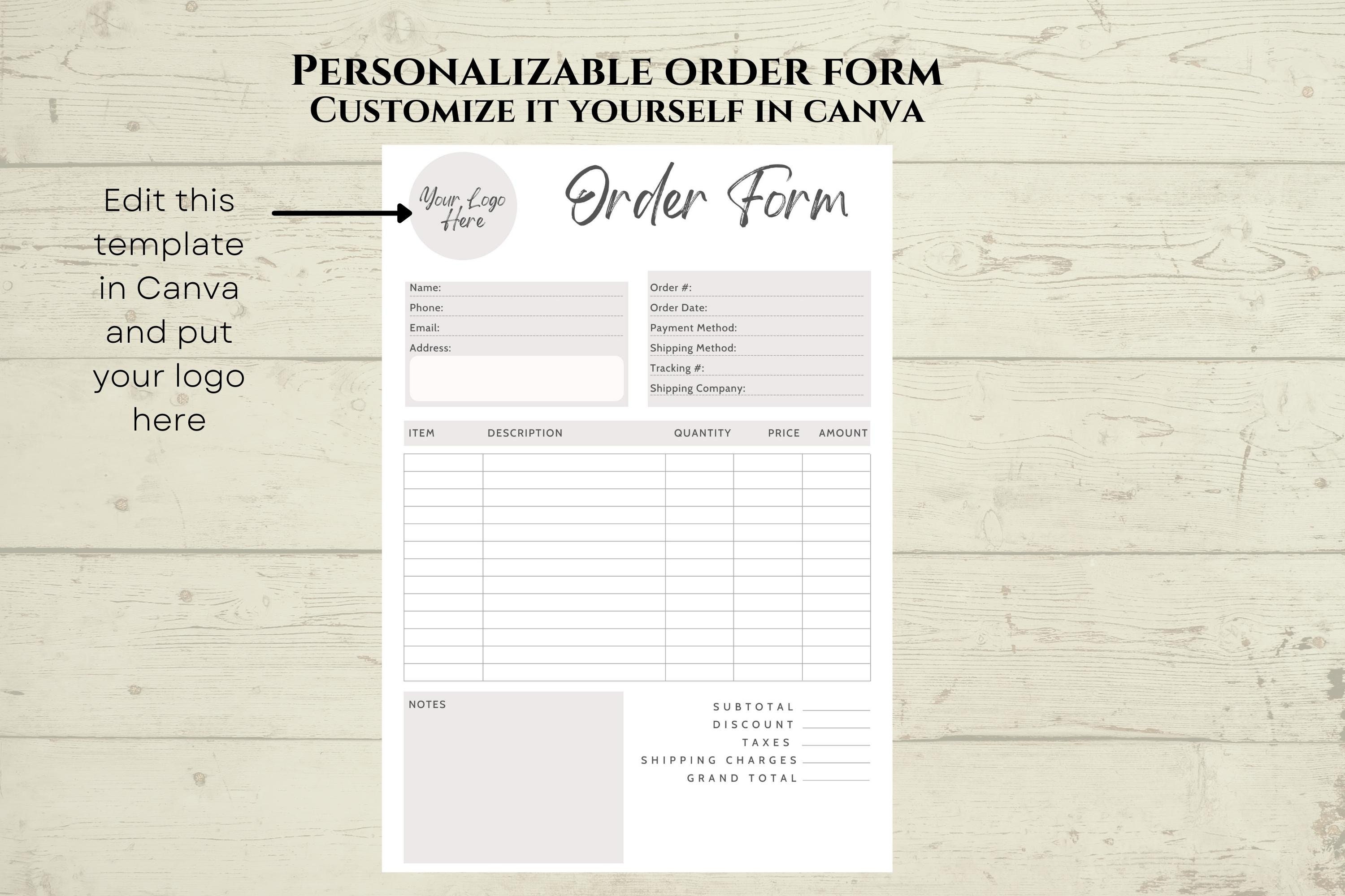 Gray Custom Order Form Template for Canva. Printable Crafters Order ...