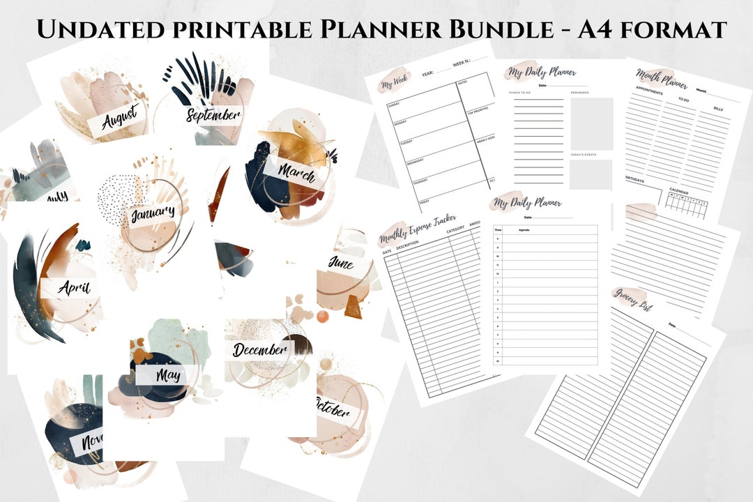 A4 Watercolor Printable Undated Planner Bundle, Printable A4 Year ...