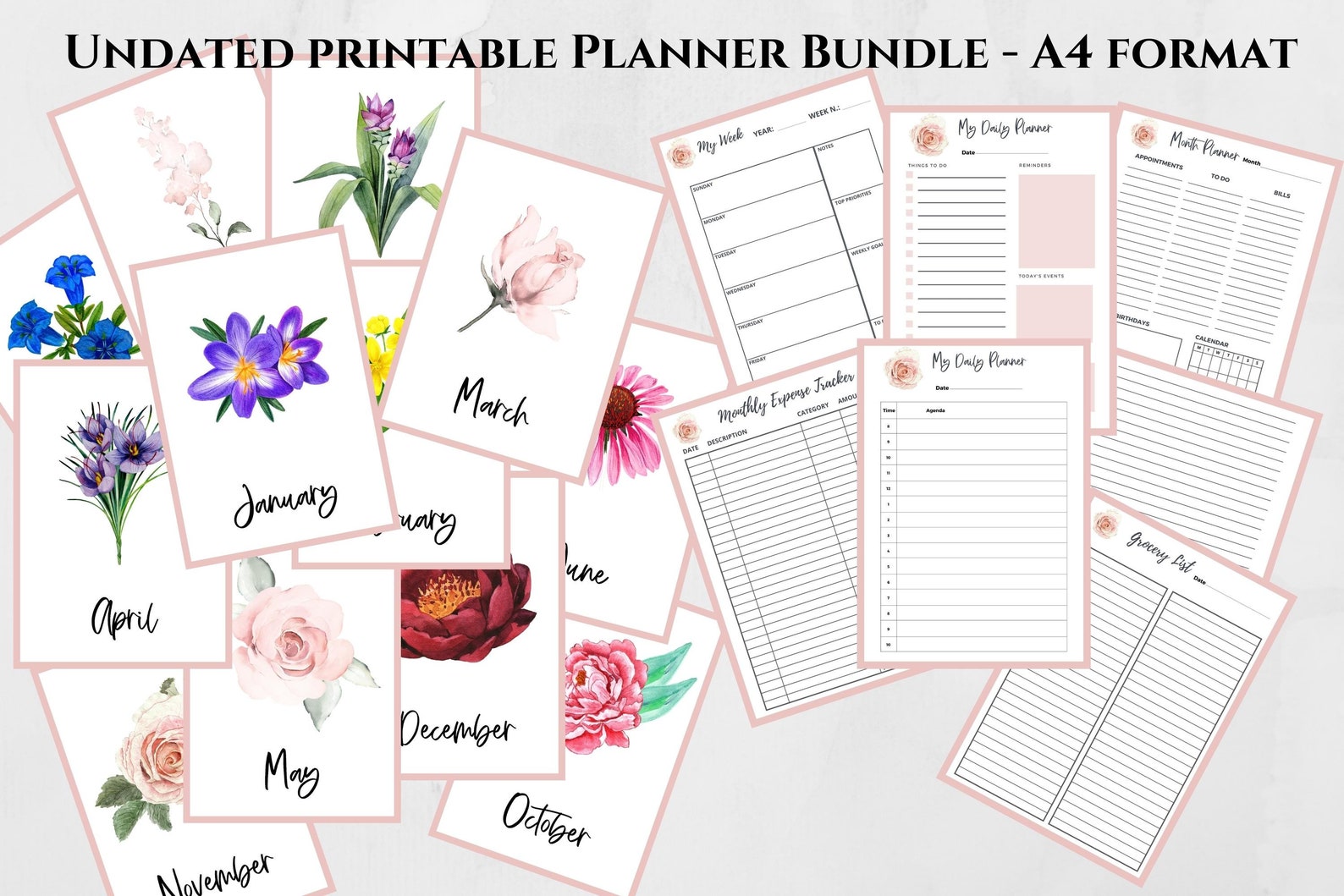 Printable Floral Undated Planner Bundle Printable A4 Year - Etsy