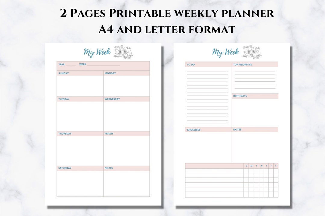 2 Pages Printable A4 and Letter Weekly Planner Insert, Blue and Pink ...
